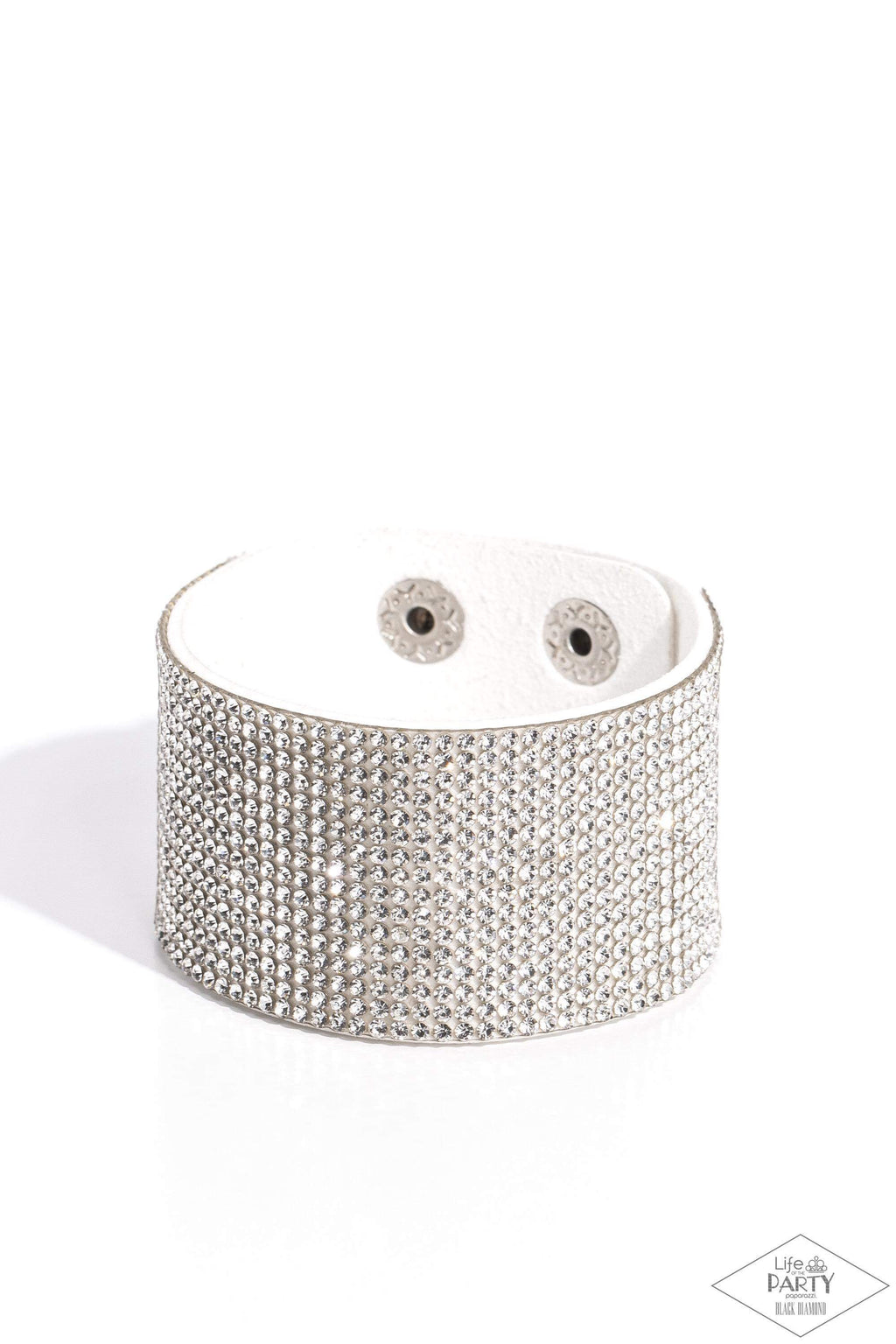 Roll With The Punches - White - Rhinestone Suede Paparazzi Snap Wrap B ...